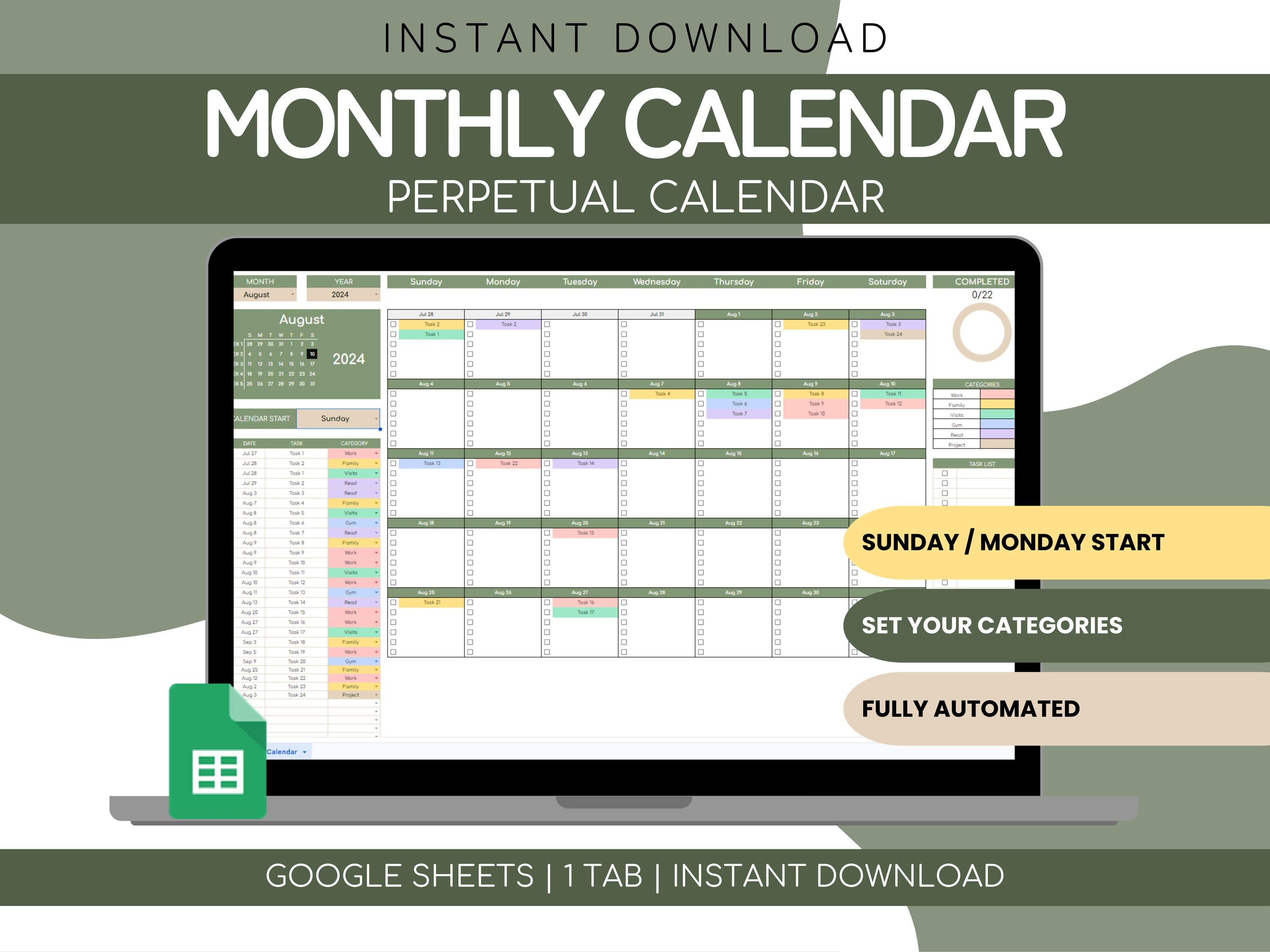 Monthly Calendar Spreadsheet Google Sheets | Daily Schedule | Color ...