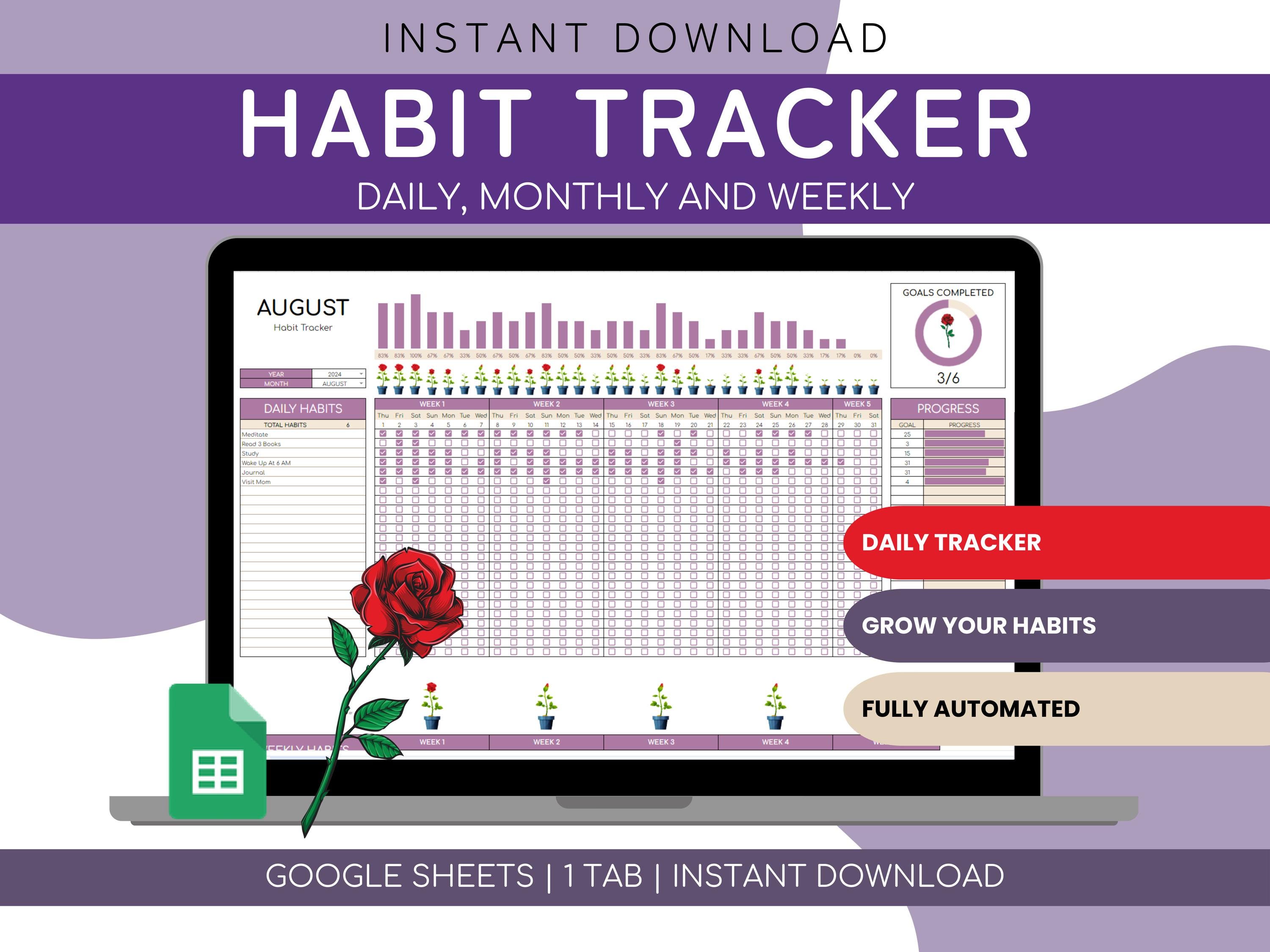 Habit Tracker Spreadsheet Google Sheets | Purple Monthly Digital Habit ...