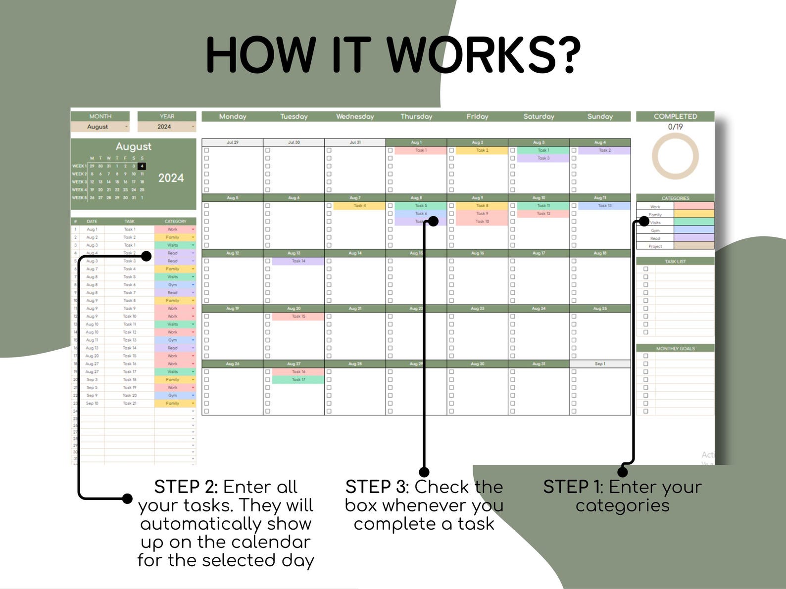 Monthly Calendar Spreadsheet Google Sheets | Daily Schedule | Color ...