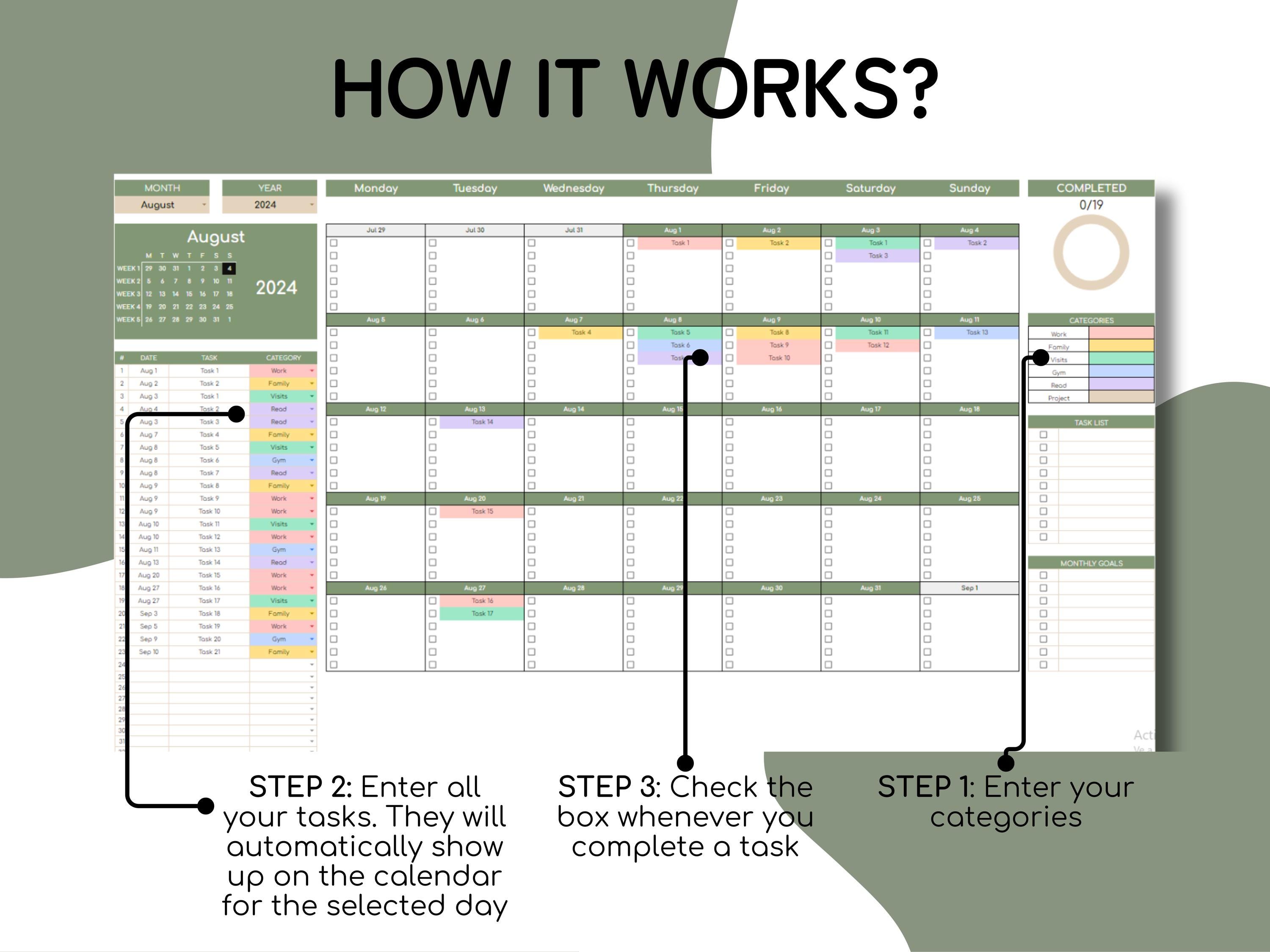 Monthly Calendar Spreadsheet Google Sheets | Daily Schedule | Color ...
