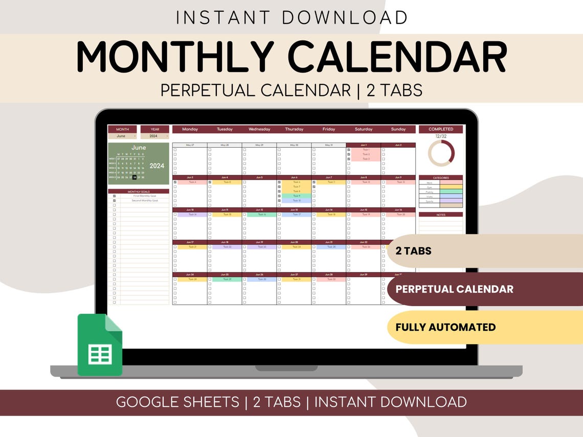 Monthly Calendar Spreadsheet Google Sheets | to Do List | Daily ...