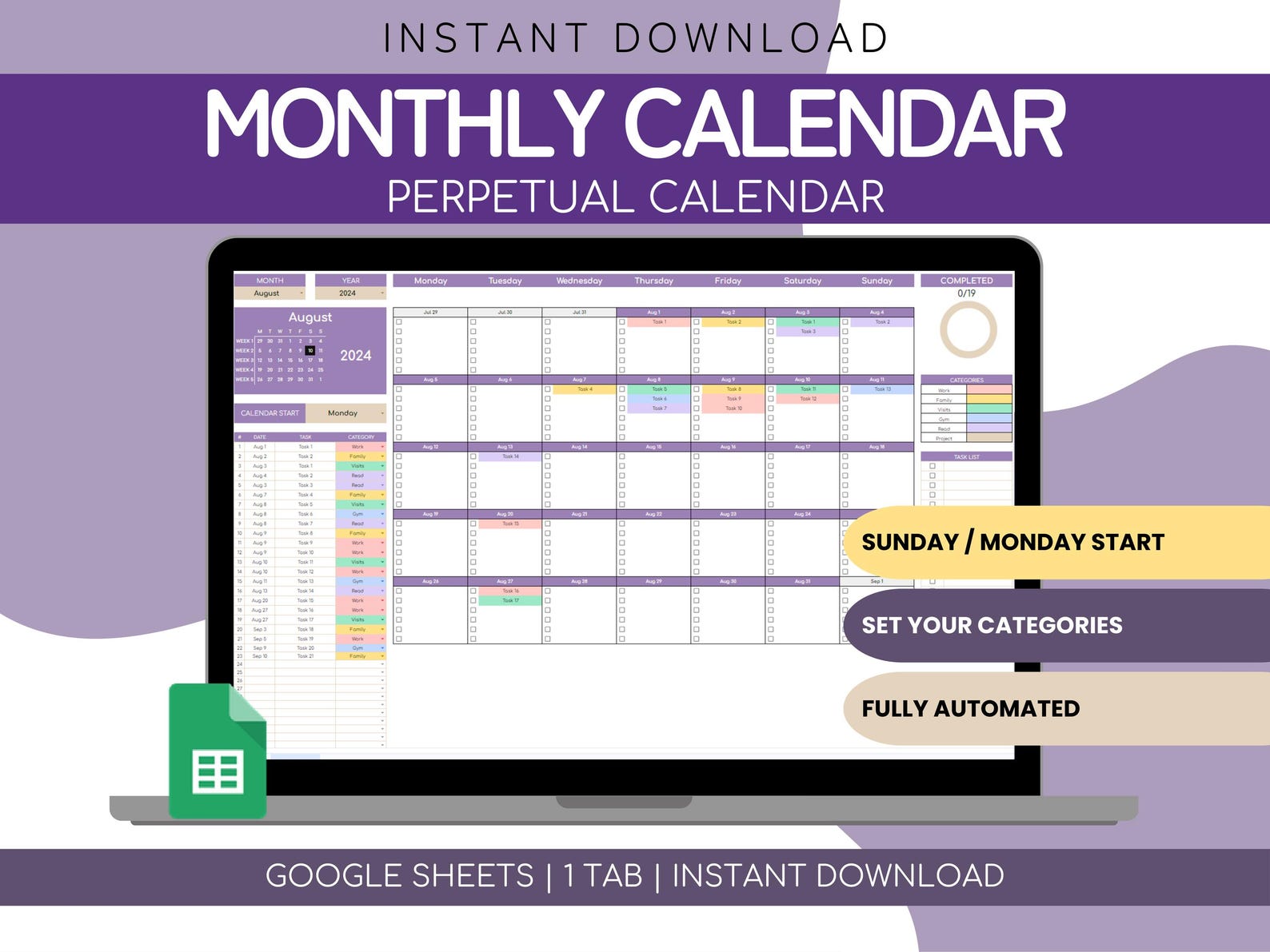 Monthly Calendar Spreadsheet Google Sheets | Daily Schedule Spreadsheet ...
