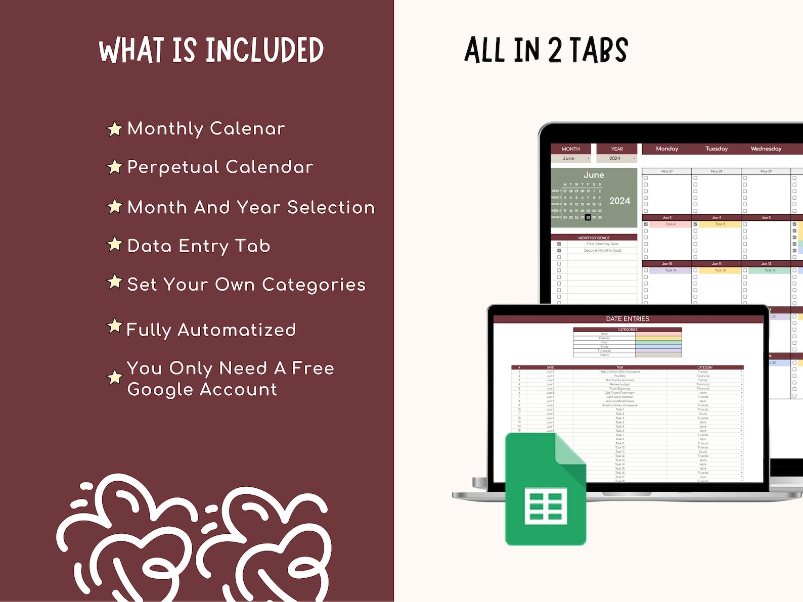 Monthly Calendar Spreadsheet Google Sheets | to Do List | Daily ...