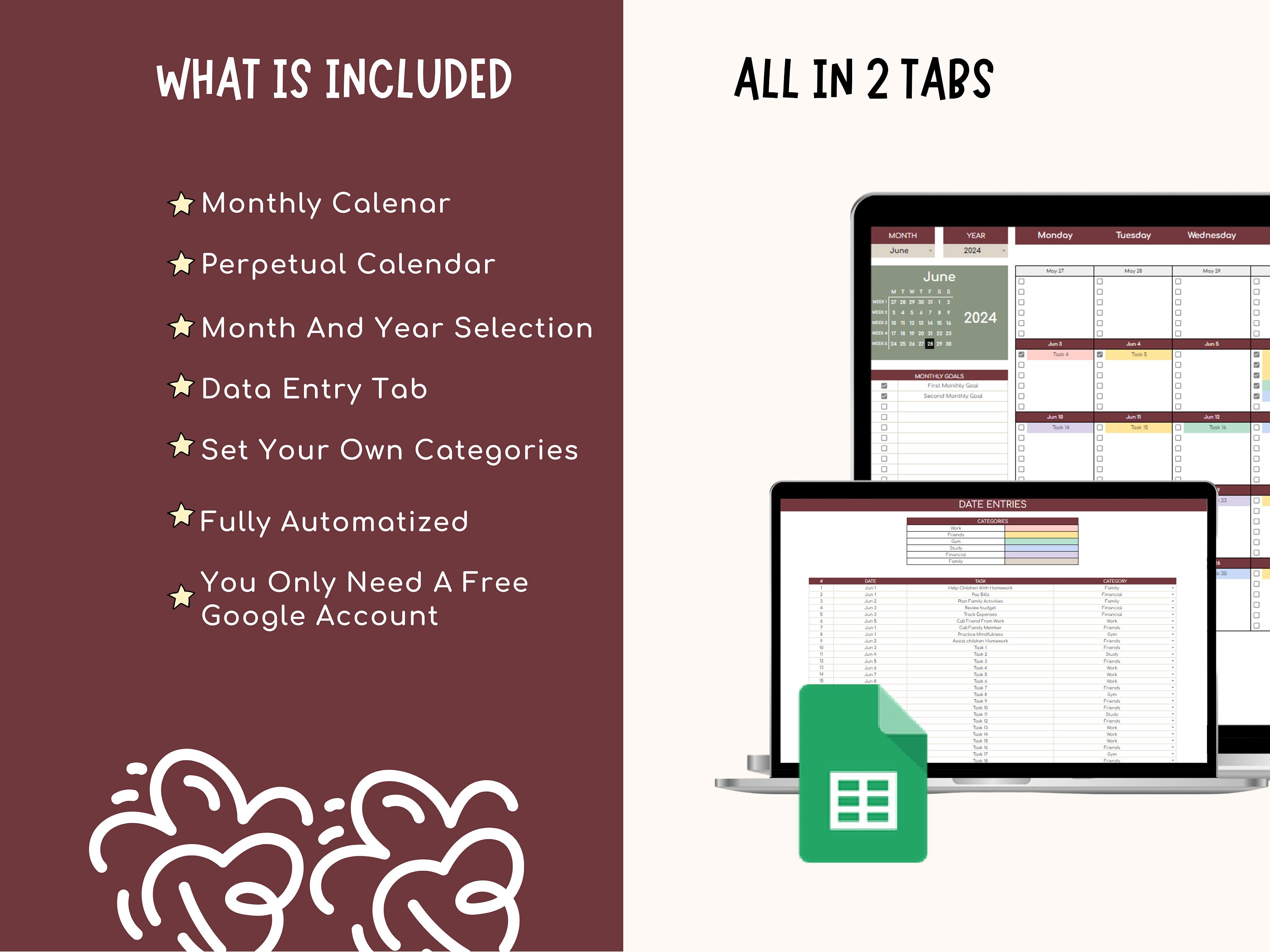 Monthly Calendar Spreadsheet Google Sheets | to Do List | Daily ...