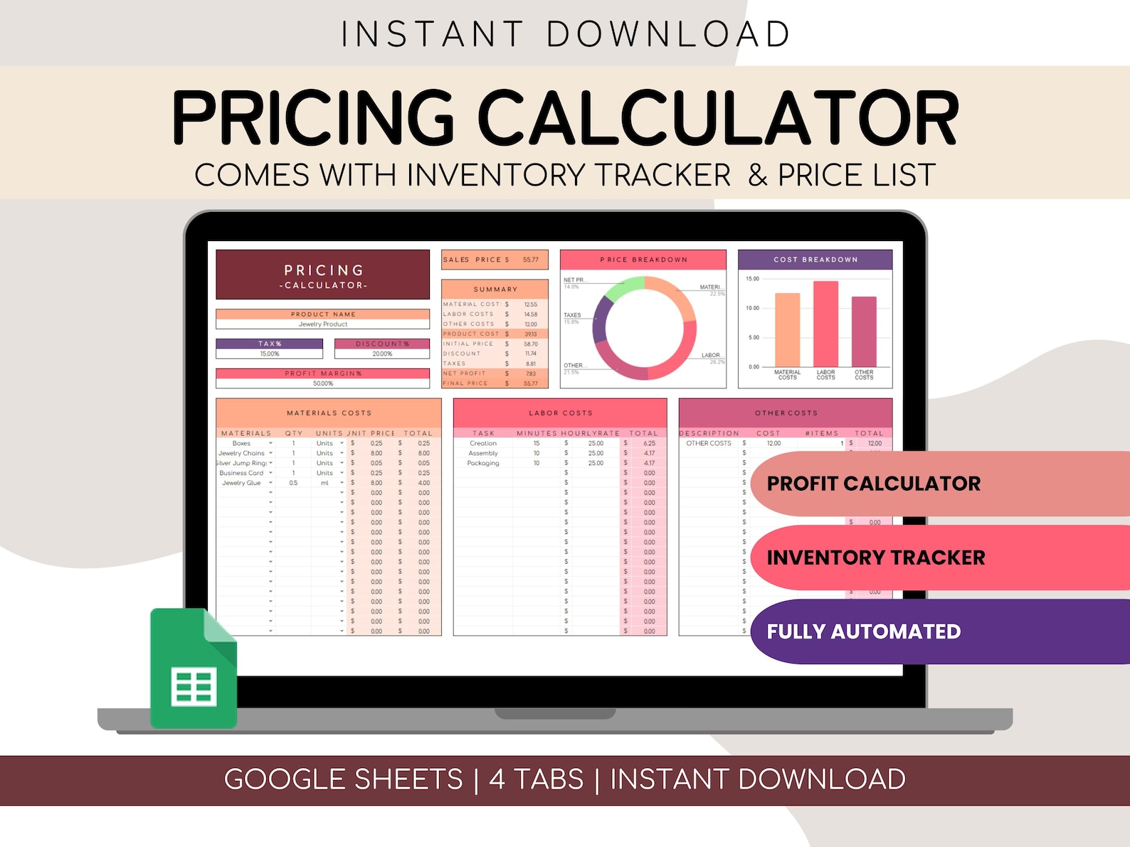 Pricing Calculator for Small Business Google Sheets | Business Tracker ...