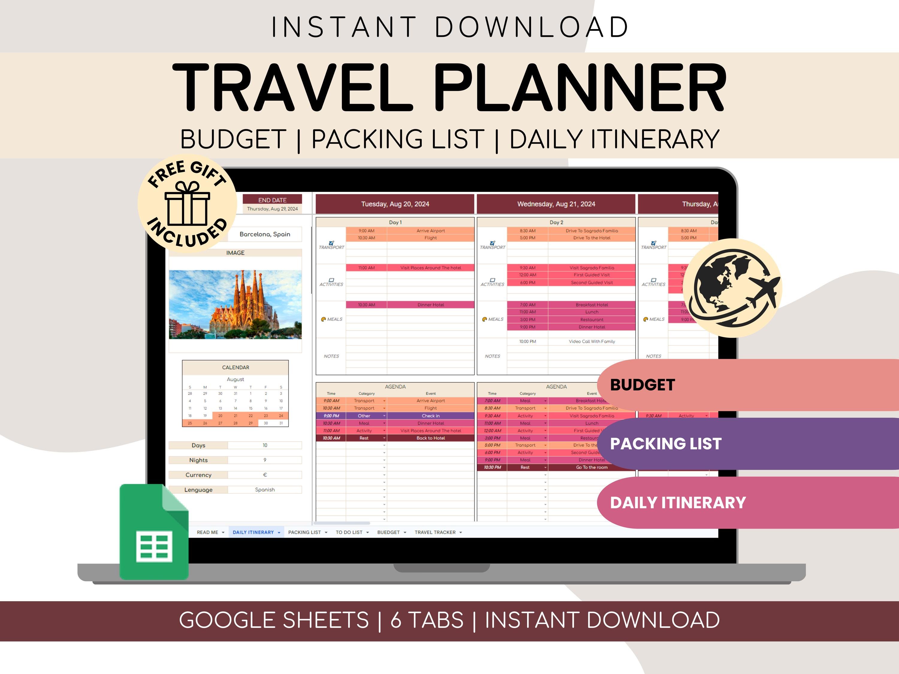 Digital Travel Planner Google Sheets Planner | Packing List Travel ...