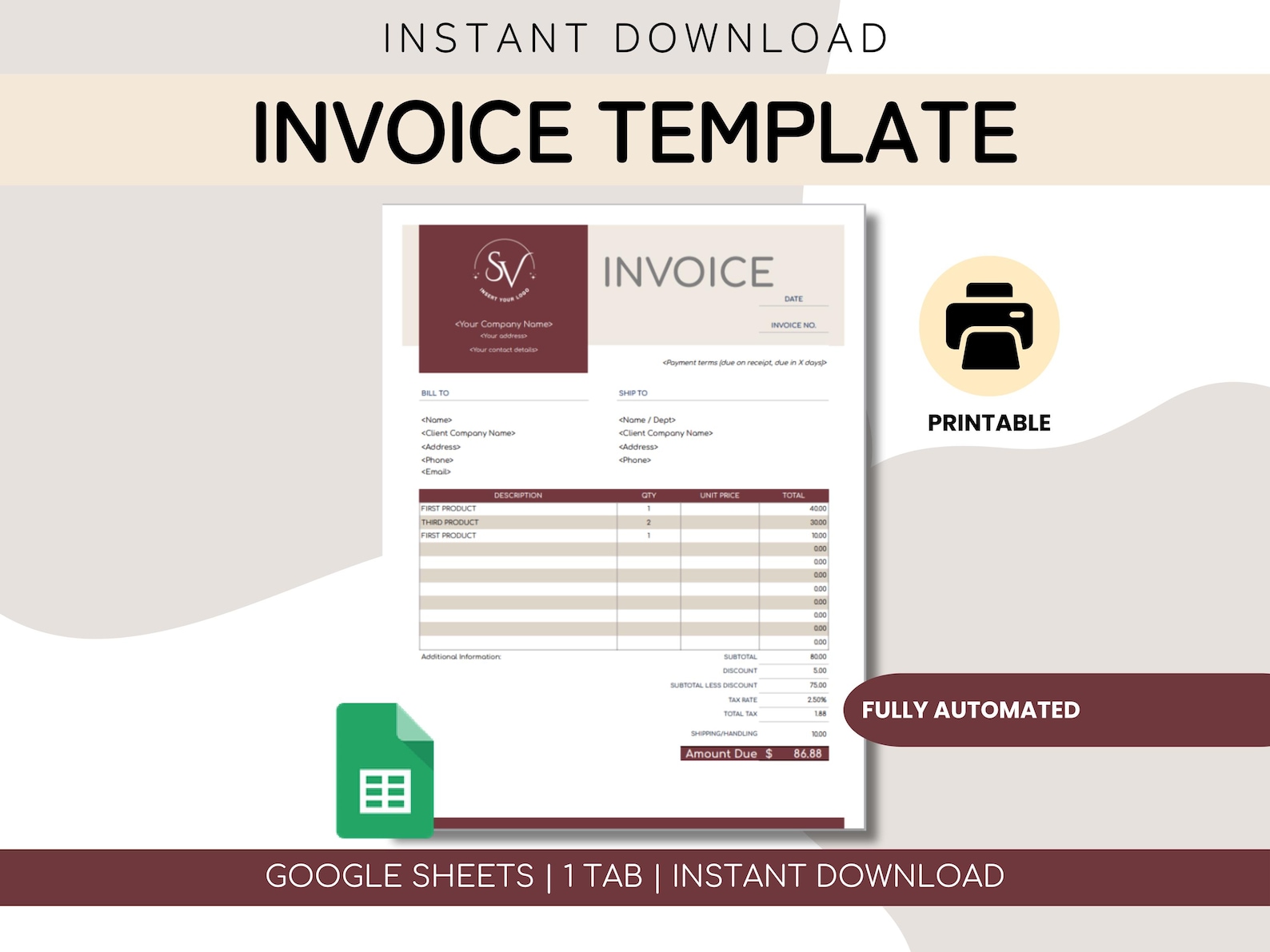 Printable Invoice Template | Invoice Spreadsheet | Invoice Google ...