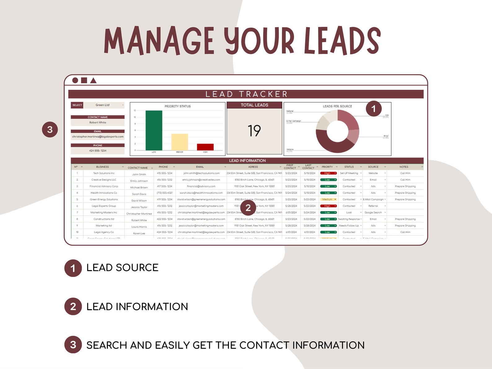 Lead Tracker for Google Sheets Spreadsheet | Digital Client Management ...