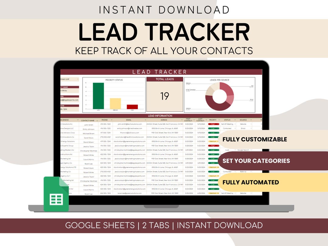 Lead Tracker for Google Sheets Spreadsheet | Digital Client Management ...