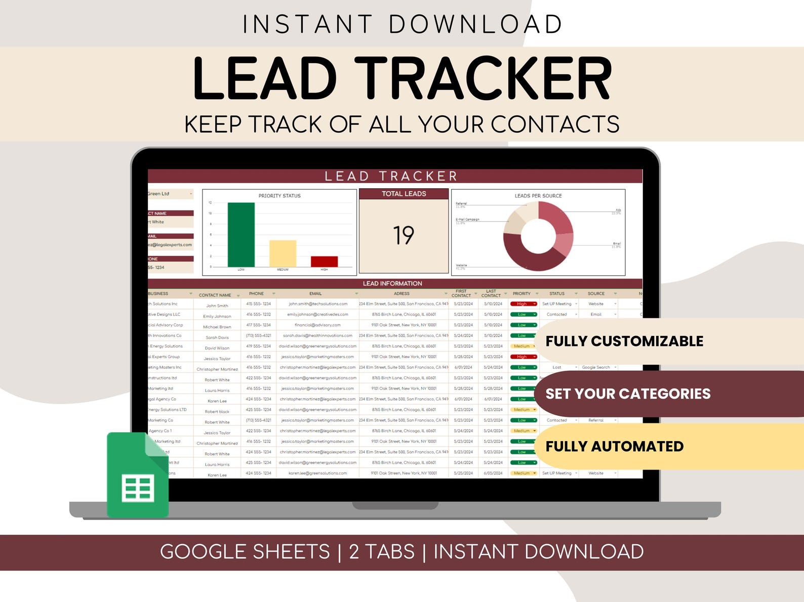 Lead Tracker for Google Sheets Spreadsheet | Digital Client Management ...