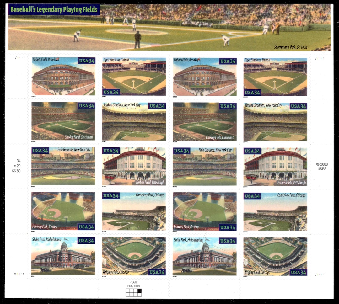 Vintage US Baseball's Legendary Playing Fields Stamp Pane of Twenty ...