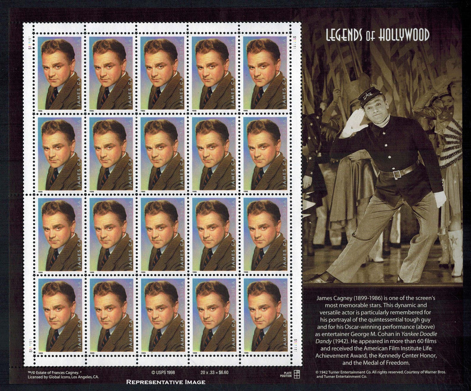 US James Cagney Legends of Hollywood Pane of Twenty Unused 33 Cent ...