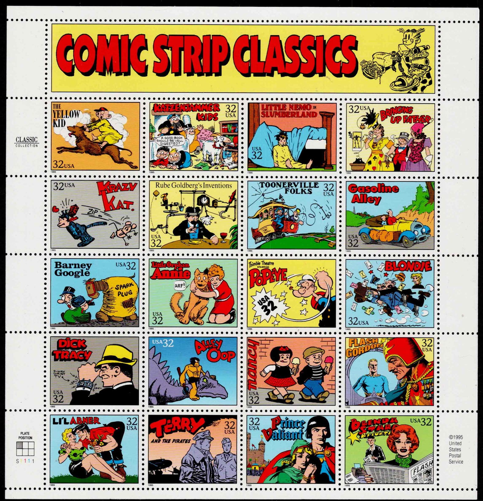 Vintage US Comic Strip Classic Stamp Pane of Twenty 32 Cent Stamps - Etsy