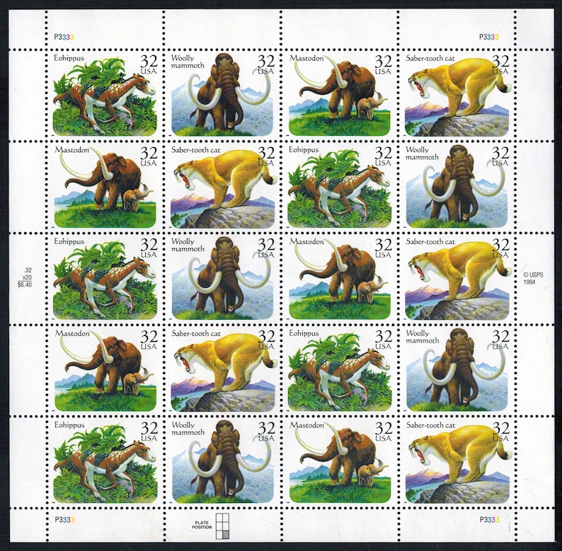 US Prehistoric Animals Pane of Twenty Unused 32 Cent Stamps - Etsy