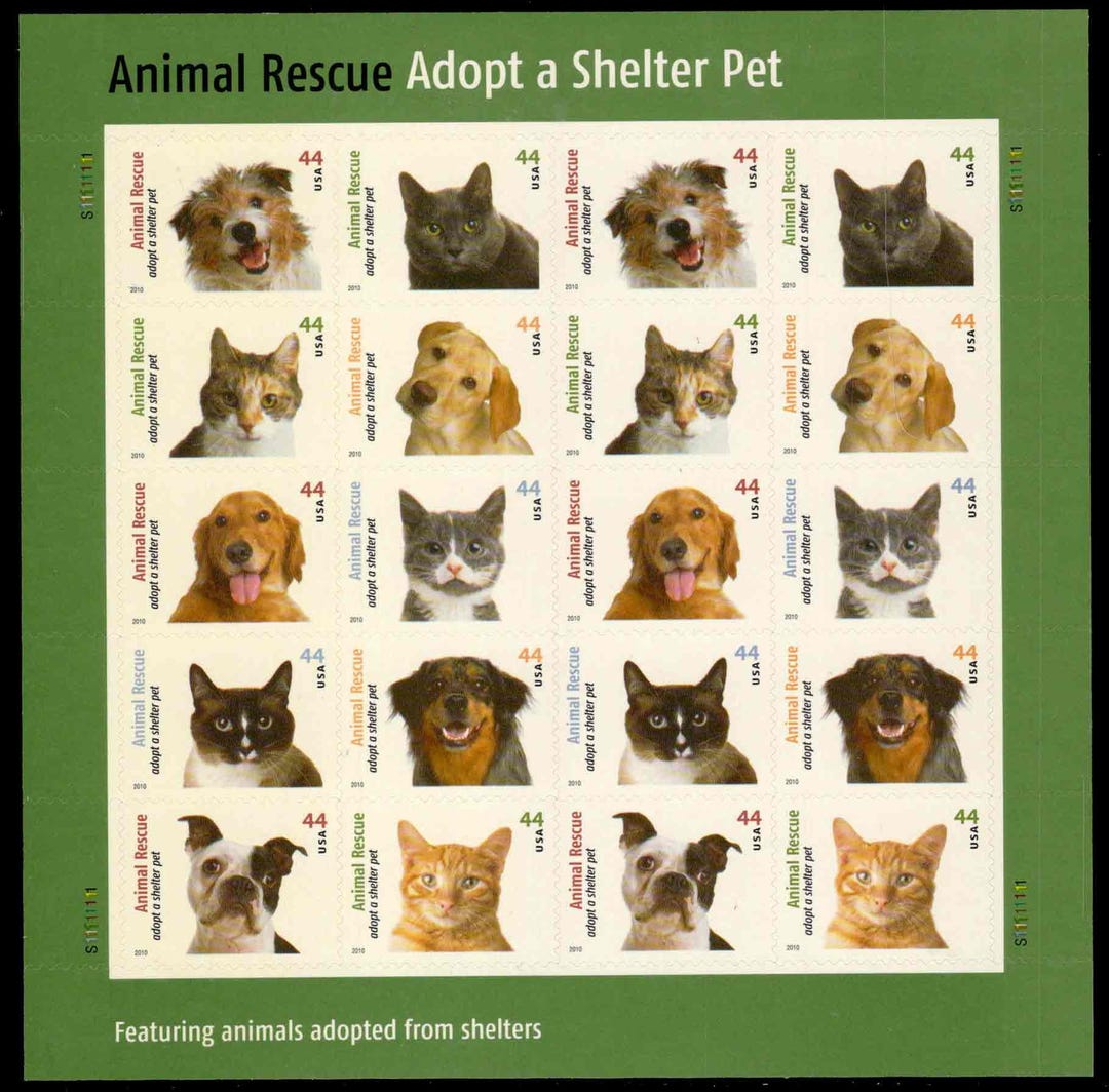 US Animal Rescue Adopt a Shelter Pet Pane of Twenty Unused 44 Cent ...