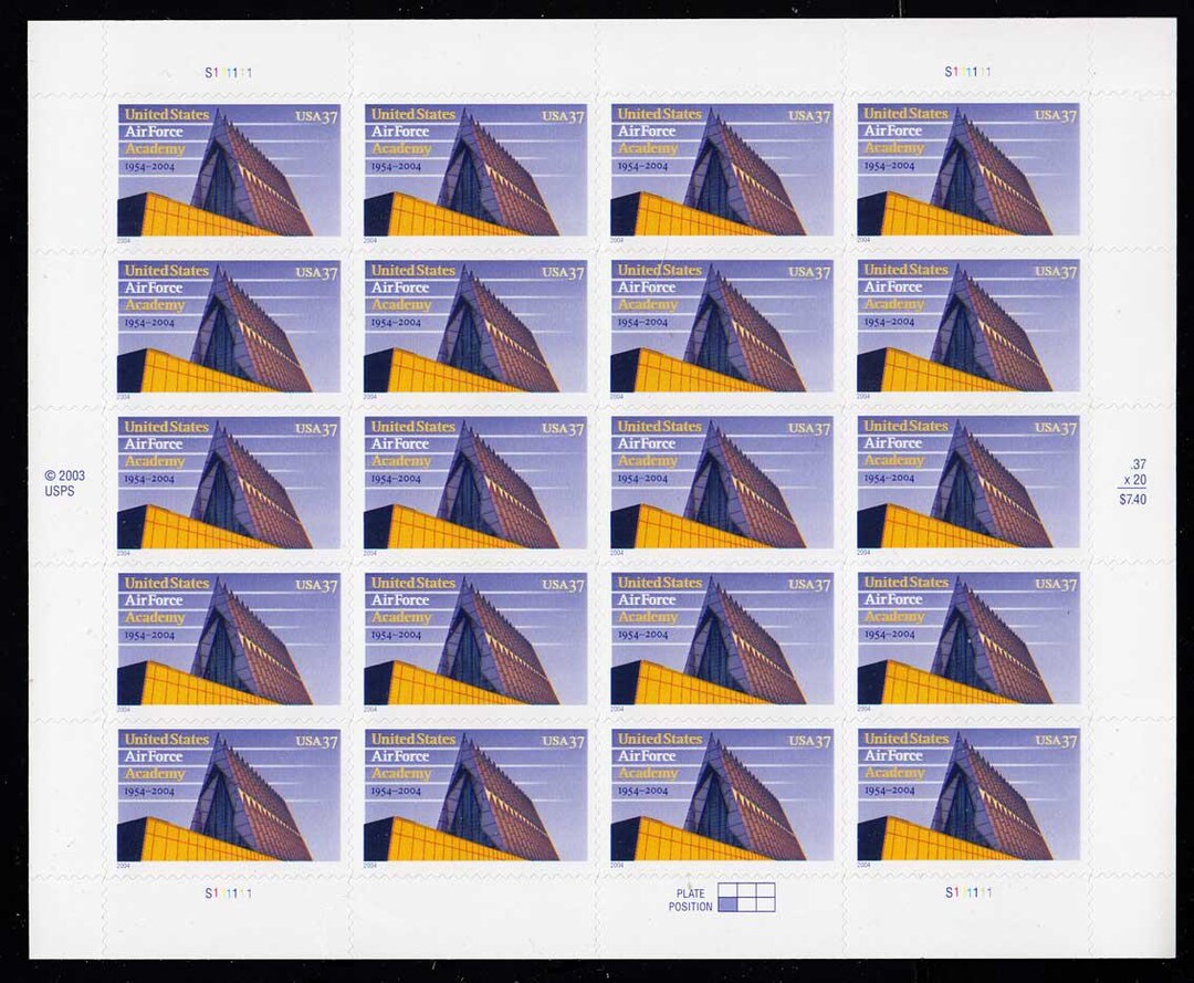 US United States Air Force Academy Pane of Twenty Unused 37 Cent Stamps ...