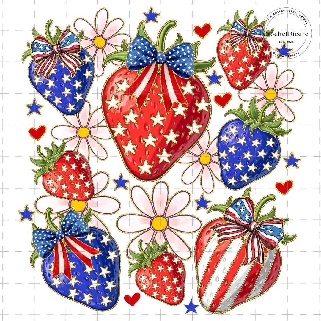Boho 4th of July Strawberry PNG, Patriotic Bow Sublimation Design ...
