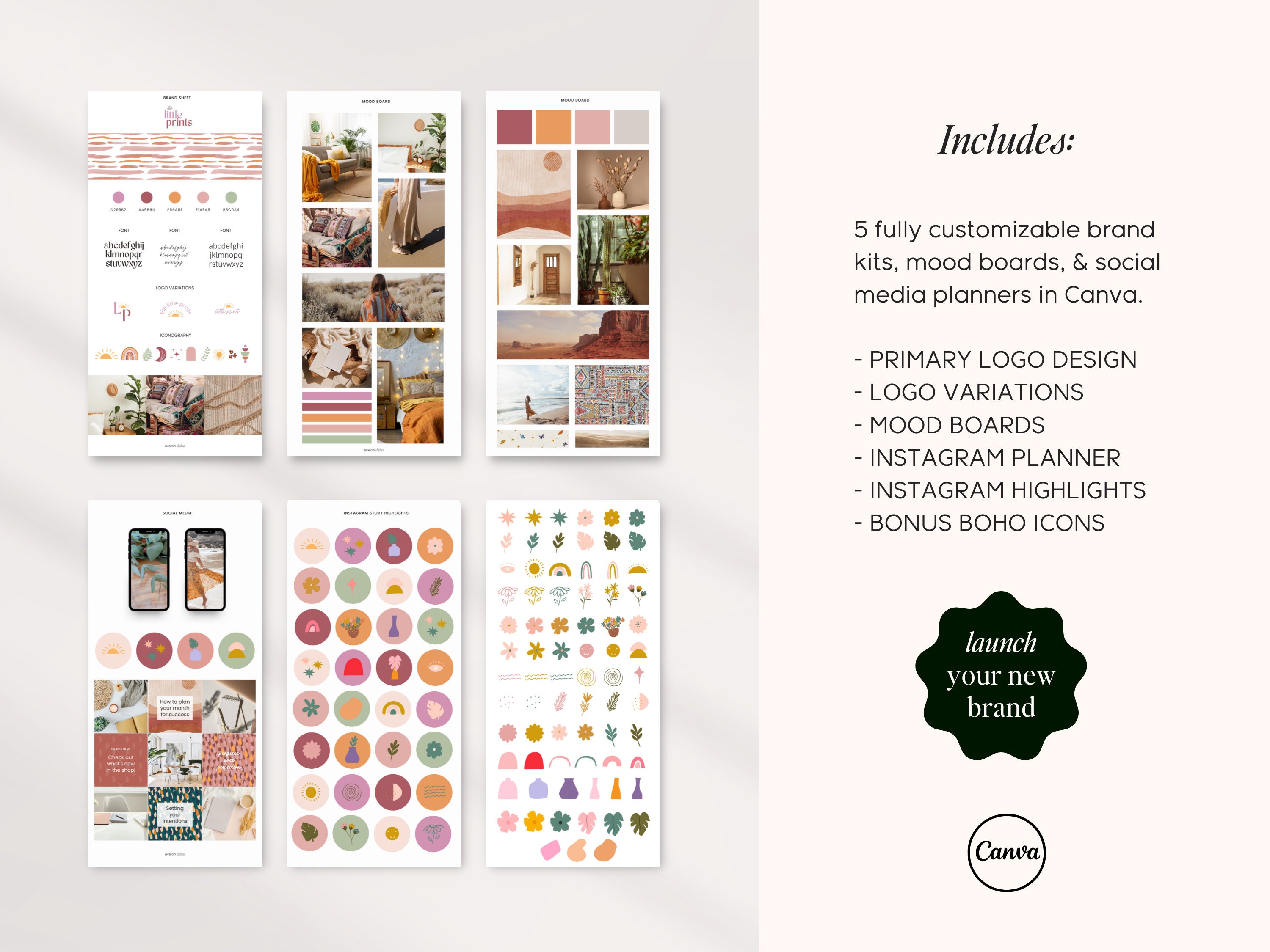 Boho Branding Kit, Semi-custom Branding | Canva Brand Board Template ...