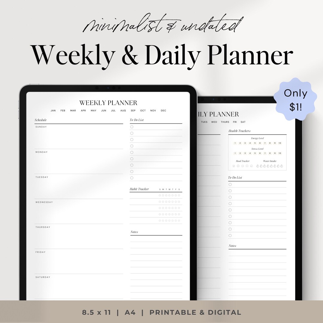 Undated Minimalist Daily & Weekly Planner, Printable and Digital | 8 ...