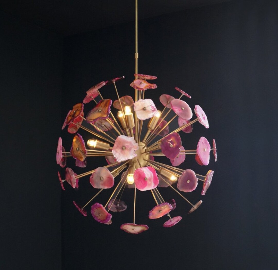 Raw Brass Pink Agate Stone 9 Lights Ceiling Modern Brass Chandelier ...