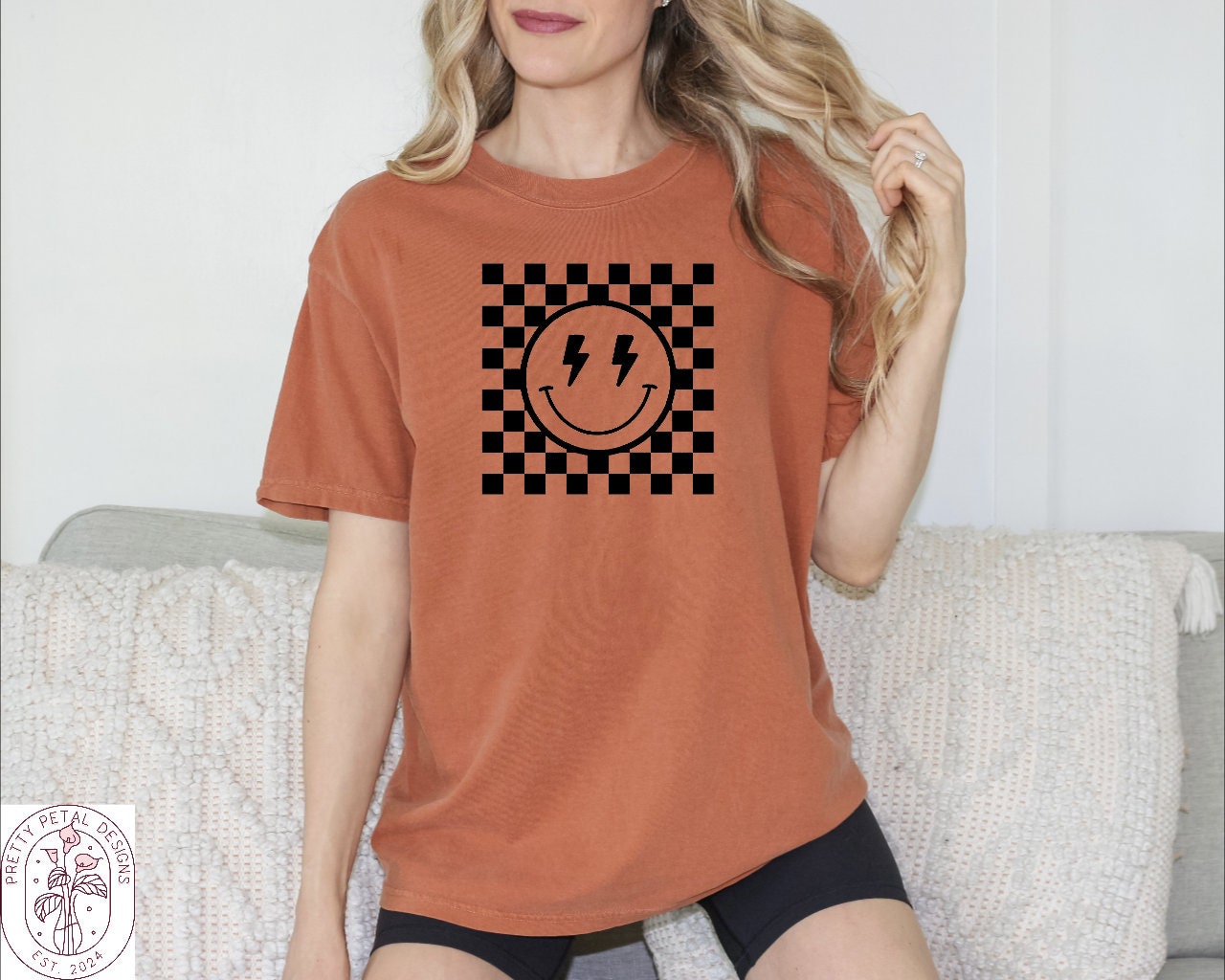Comfort Colors Tee, Checkered Smiley, Checkered Smiley Tee, Checkered ...