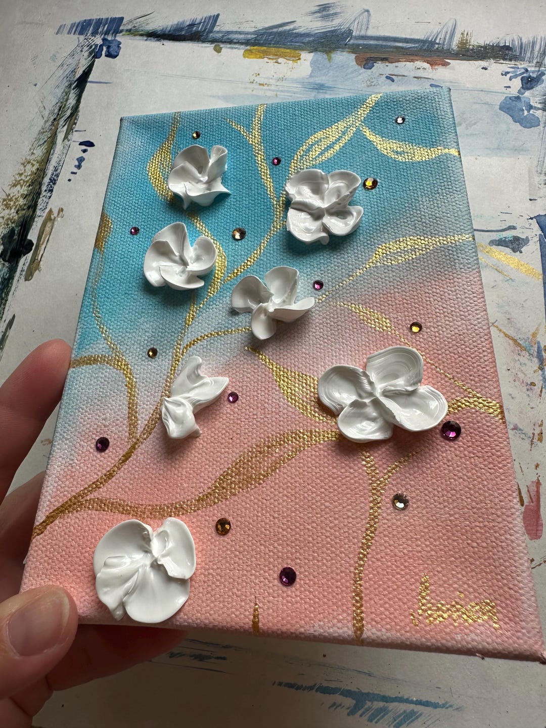 Flowers & Crystals- Original Mini Painting With Genuine Swarovski ...