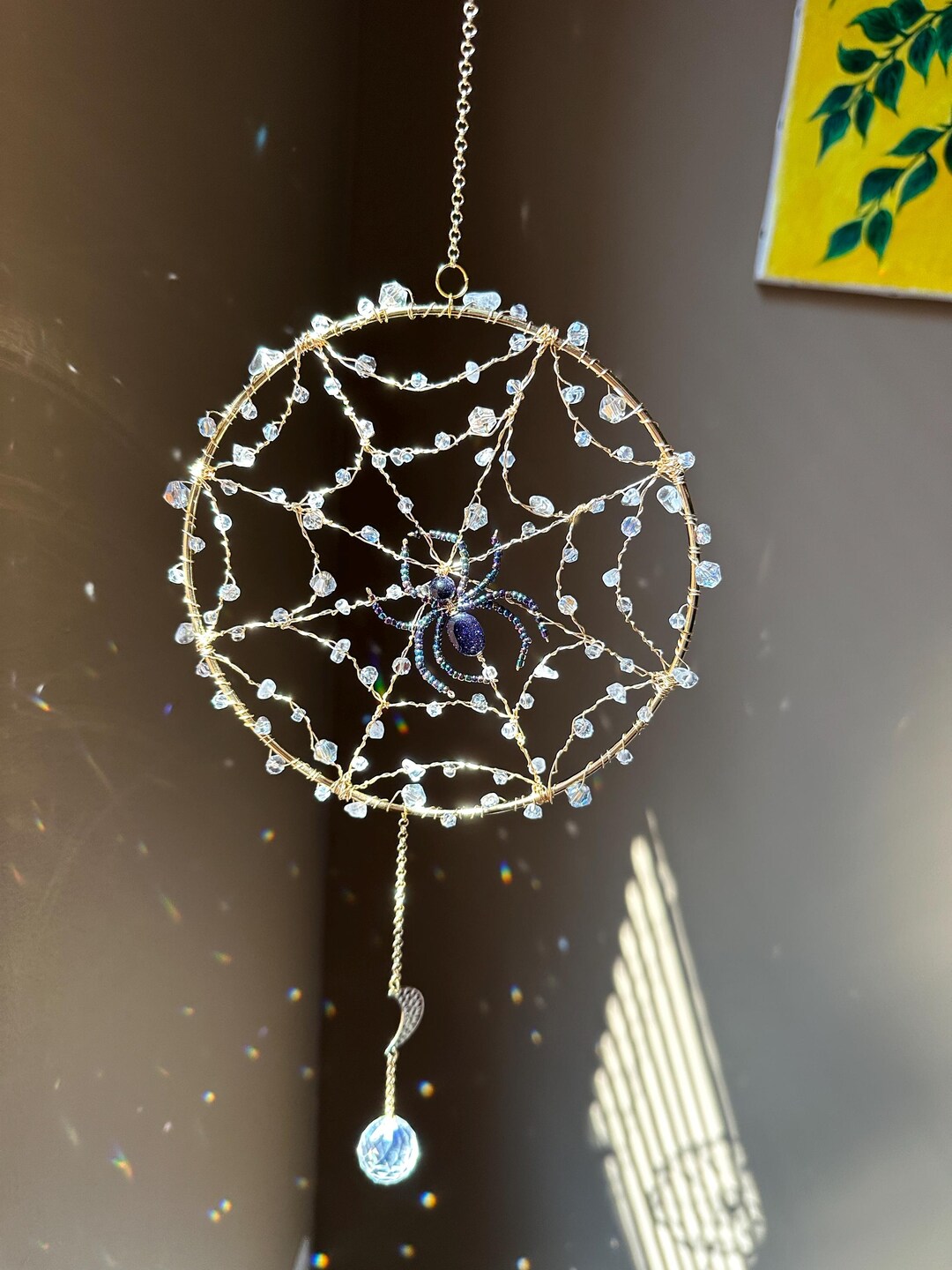 Handmade Rain Droplet Spider Web Crystal Prism Suncatcher, Rainbow ...