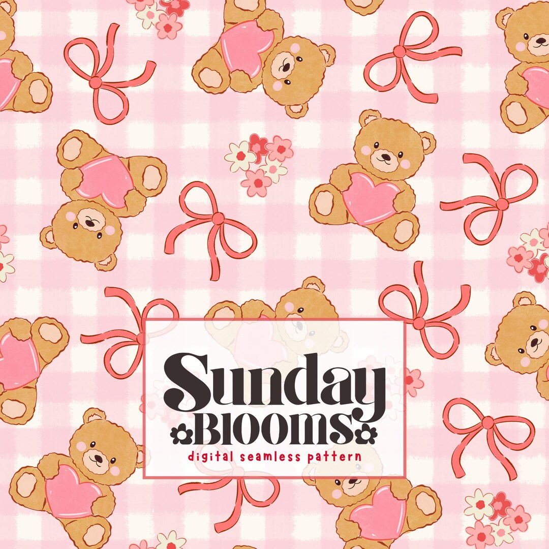 Coquette Valentines Teddy Bears Seamless Pattern Designs | Pink Hearts ...