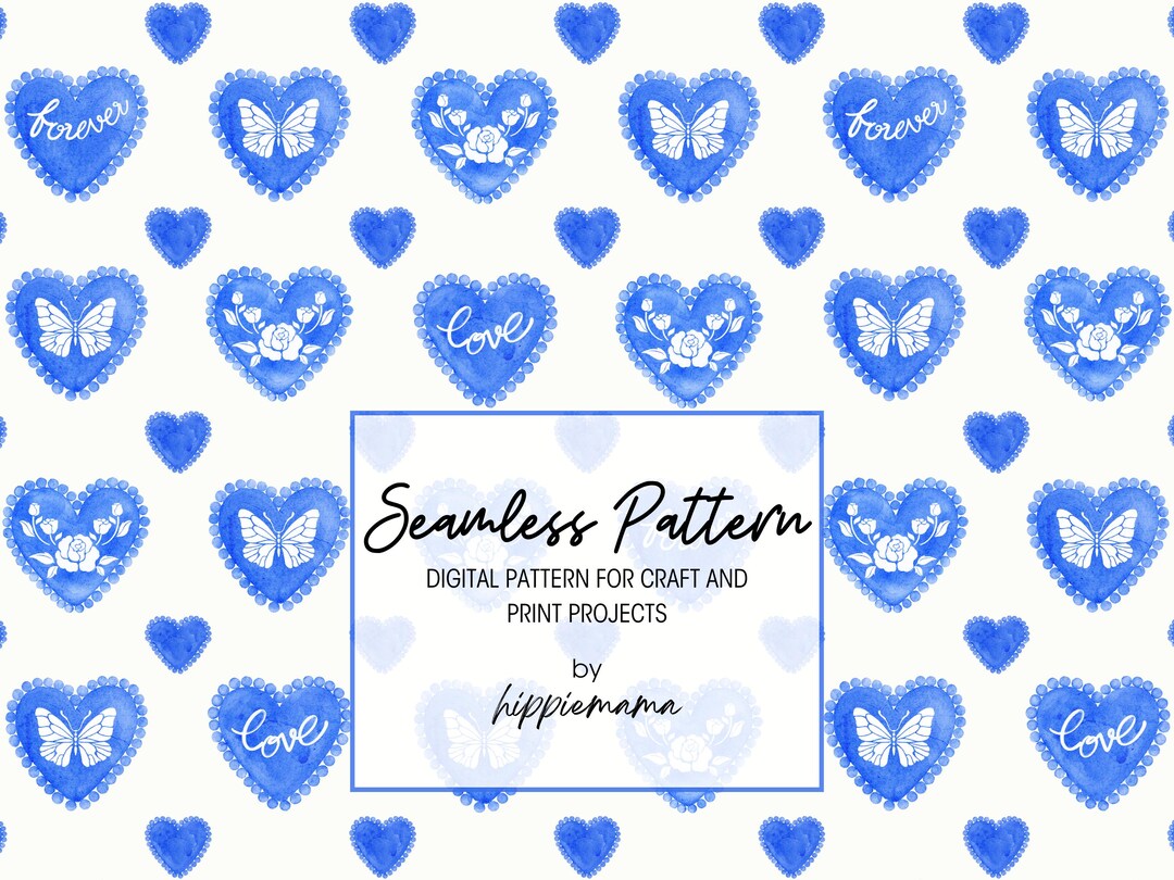 Watercolor Blue Heart Seamless Pattern Navy Blue Love Seamless Digital ...
