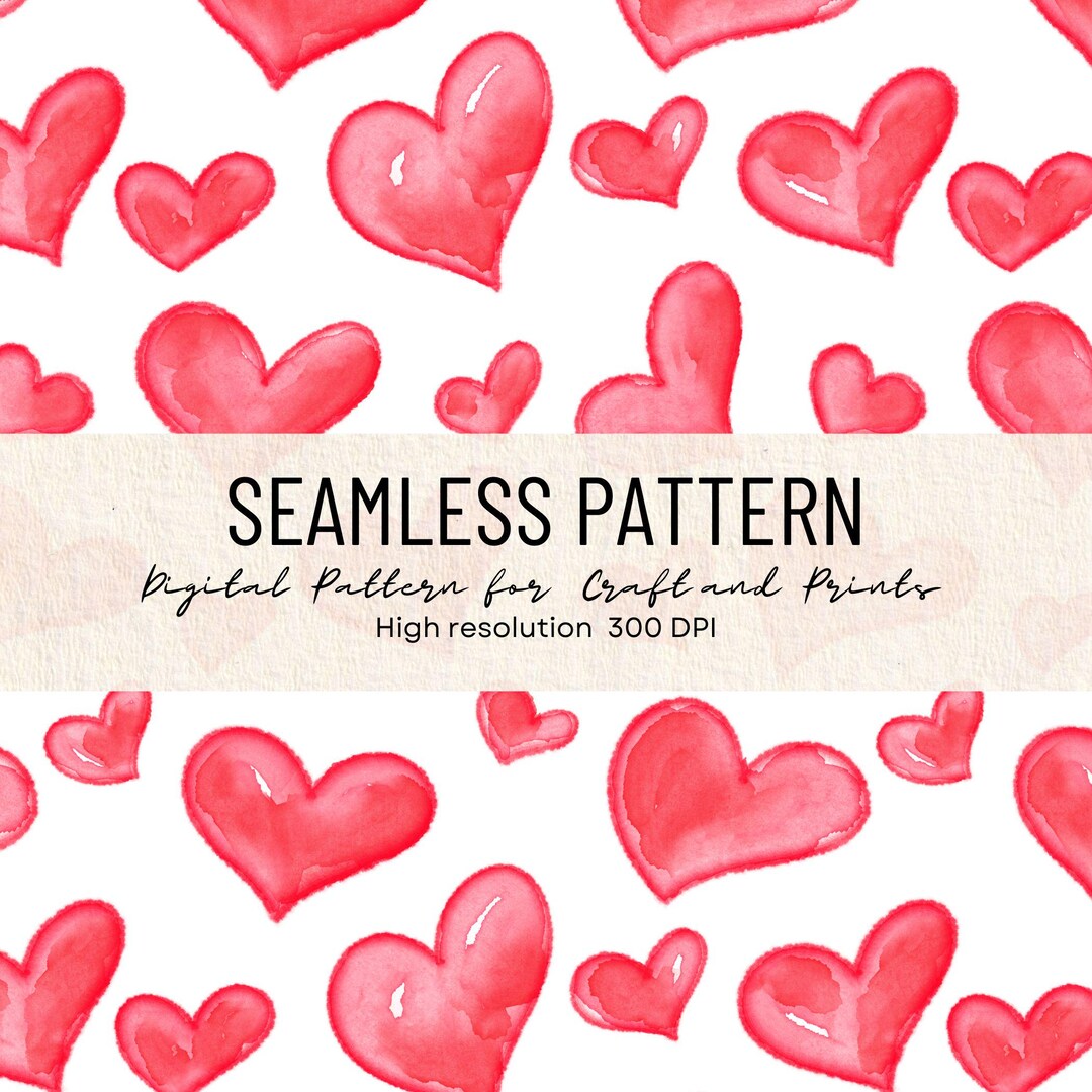 Watercolor Heart Seamless Digital Pattern Red Love Heart Digital Paper ...