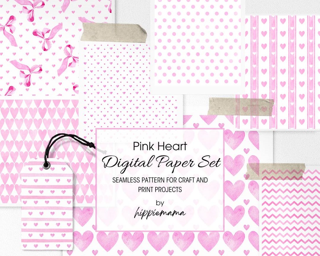Watercolor Pink Hearts Digital Paper Love Paper Heart Seamless Pattern ...