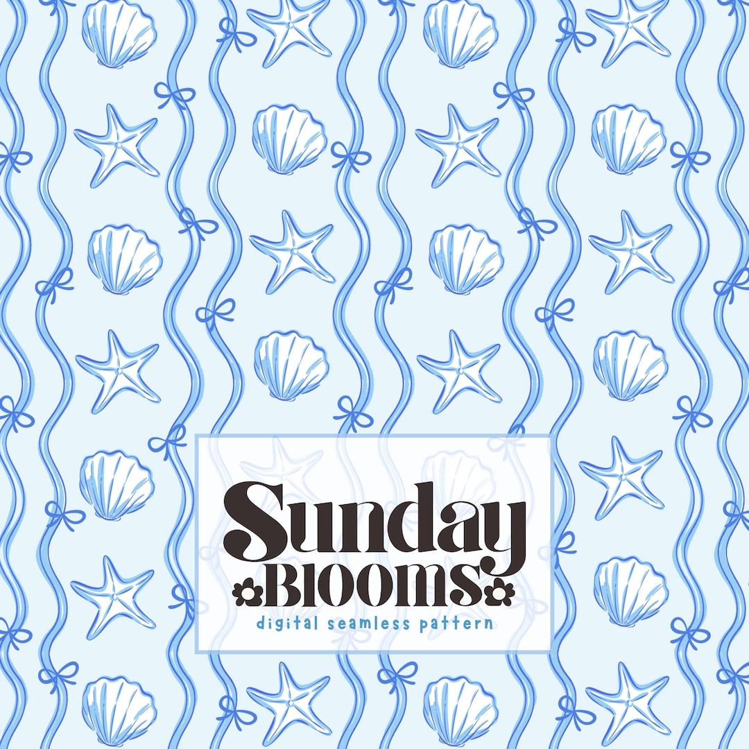Coastal Blue Seashell Starfish Bows Seamless Pattern, Preppy Summer ...