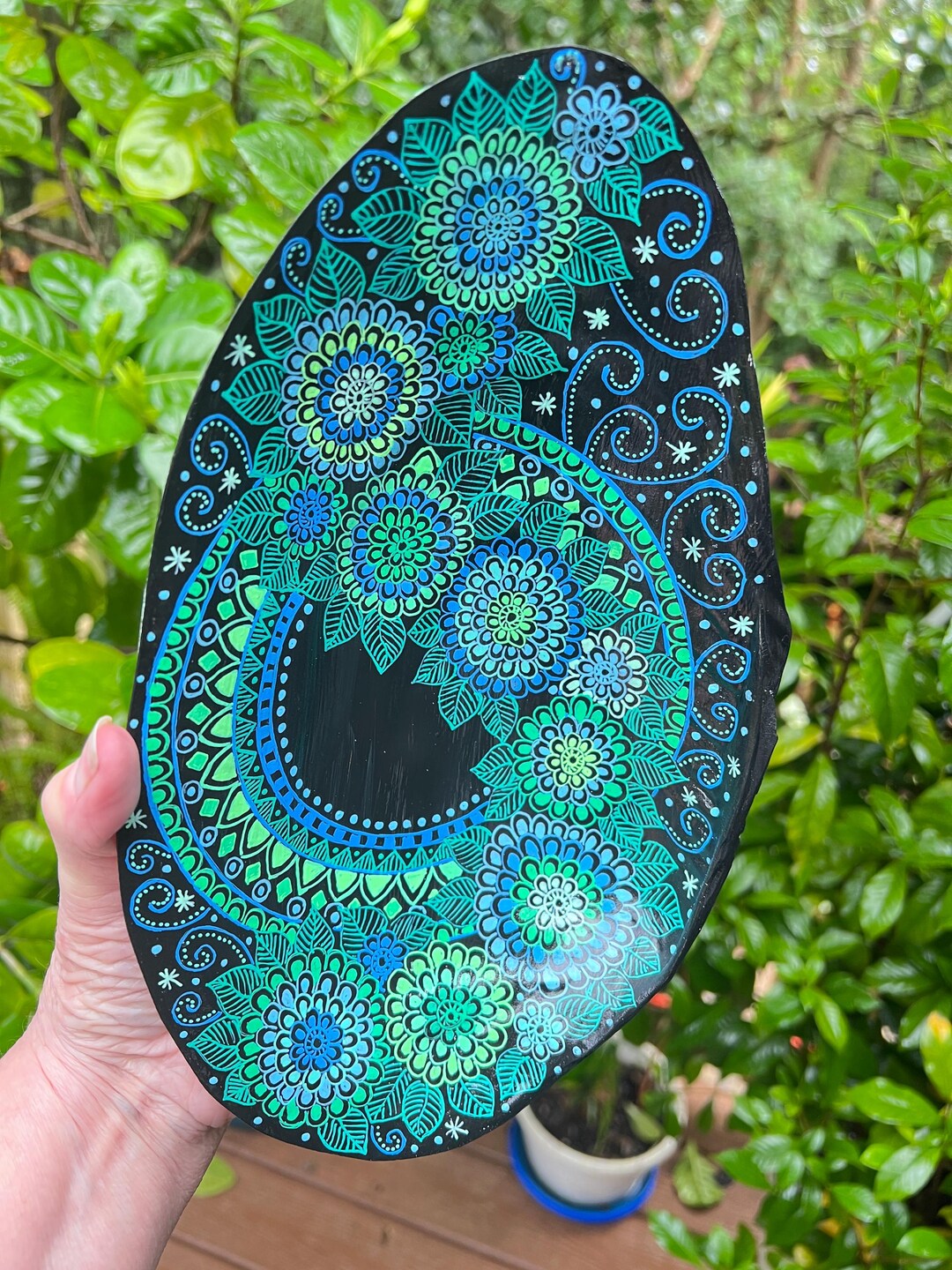 Hand Painted - 10” Pearlized Mussel Shell - Mandala Circles & Flowers ...