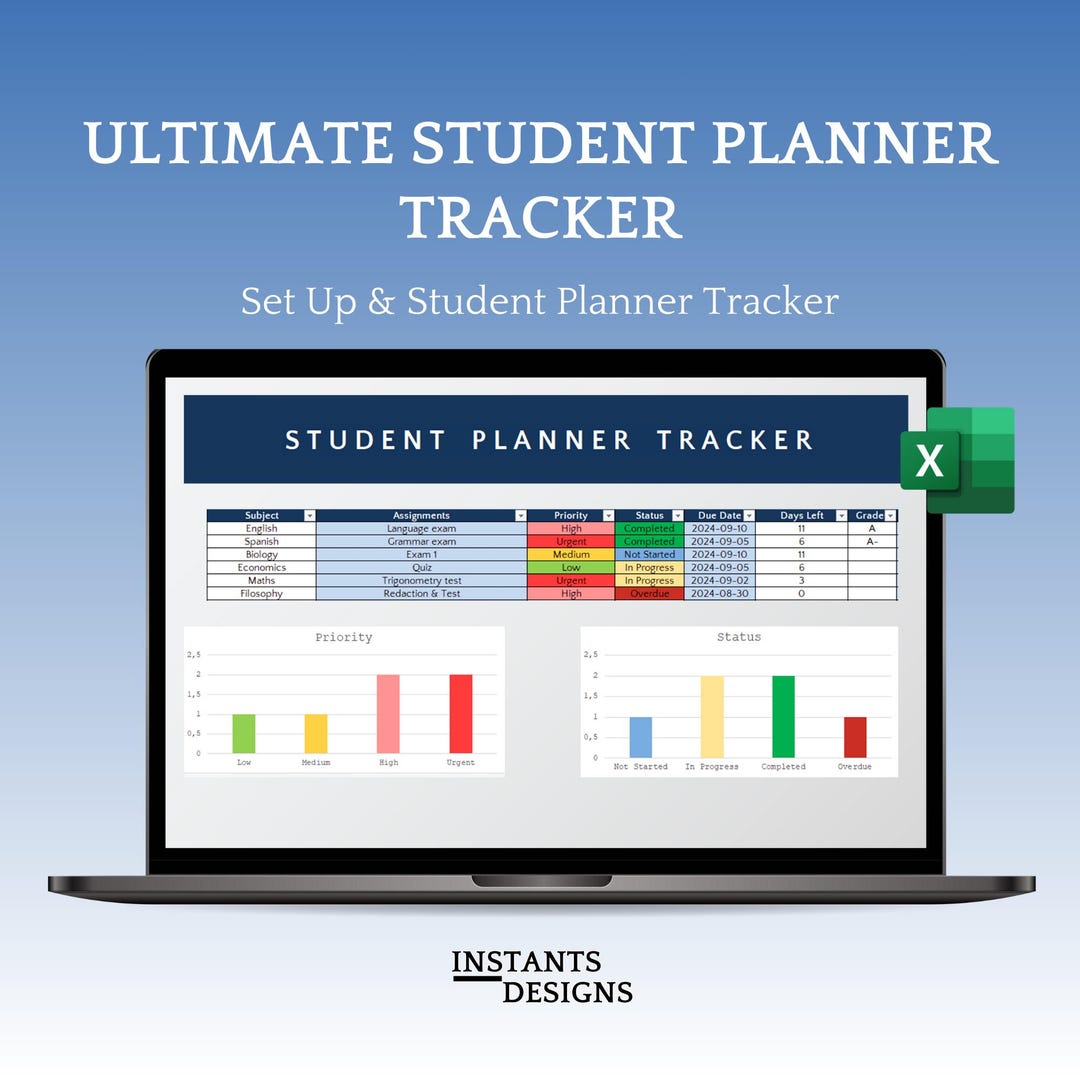 Student Planner Excel: Academic Planner, Assignment Tracker, College ...