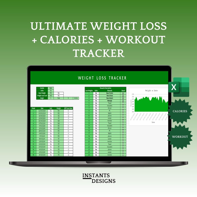 Weight Loss Tracker Excel Fitness Planner, Workout Log, Calorie Tracker ...