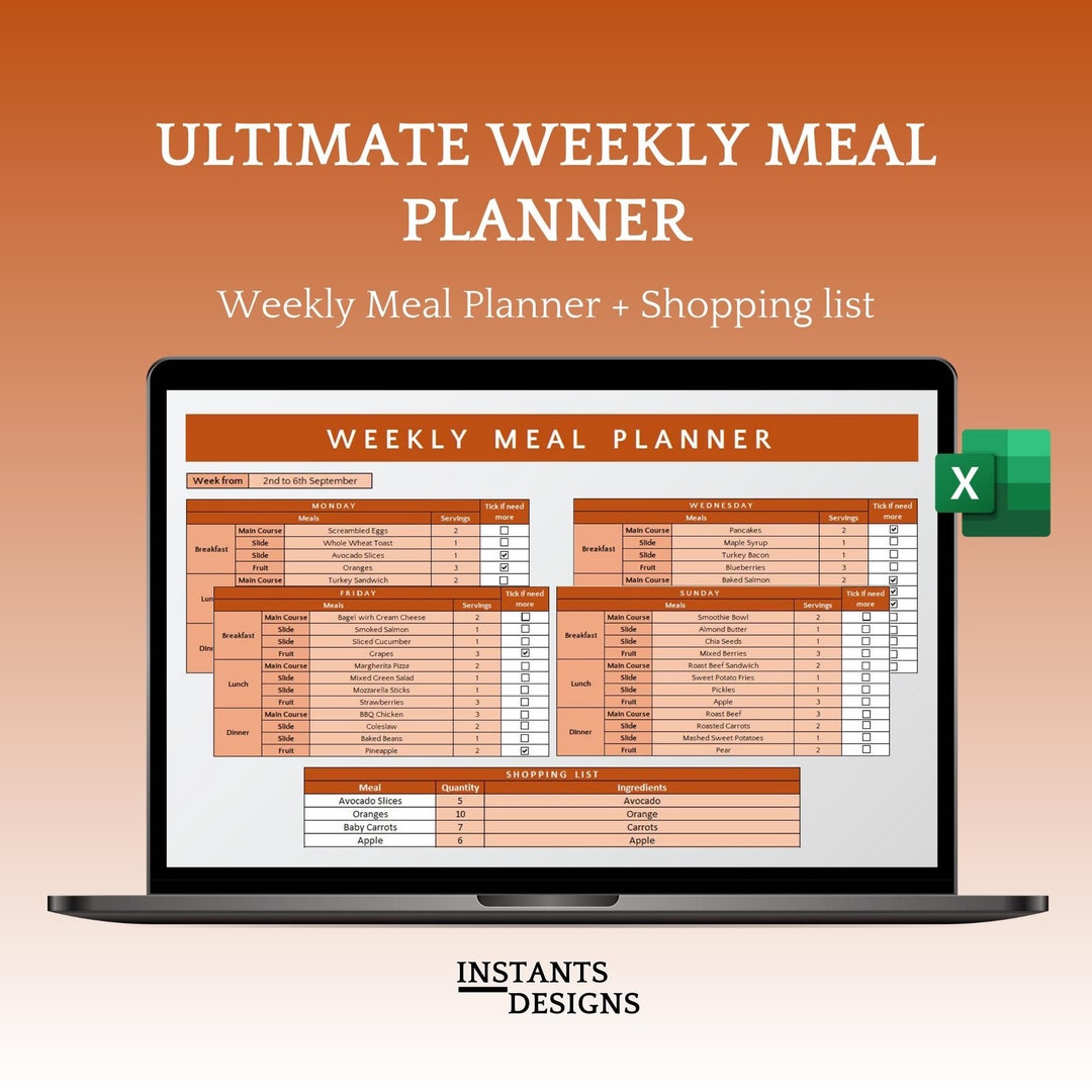 Excel Weekly Meal Planner Template: Meal Prep, Recipes, Calorie Tracker ...