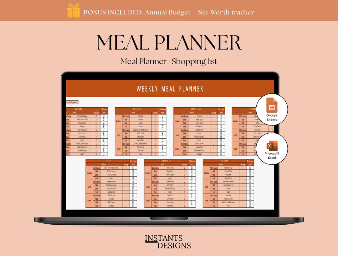 Meal Planner Template Google Sheets & Excel | Weekly Meal Planning ...