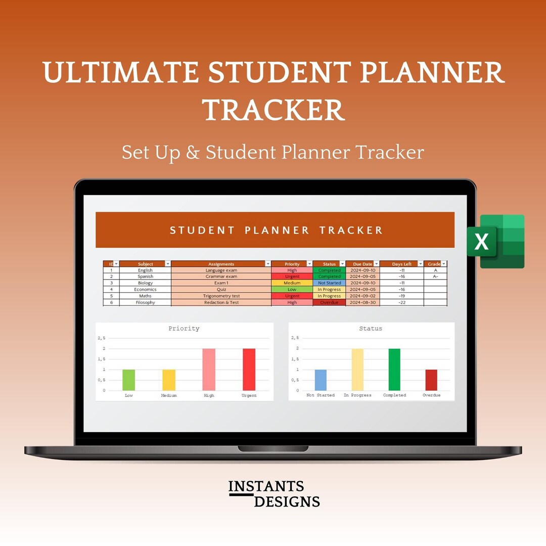 Student Planner Excel: Academic Task Organizer, Assignment Tracker ...