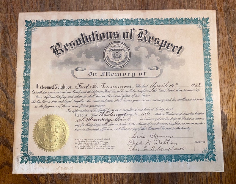 Antique 1928 Resolution of Respect From the Modern Woodmen of America ...