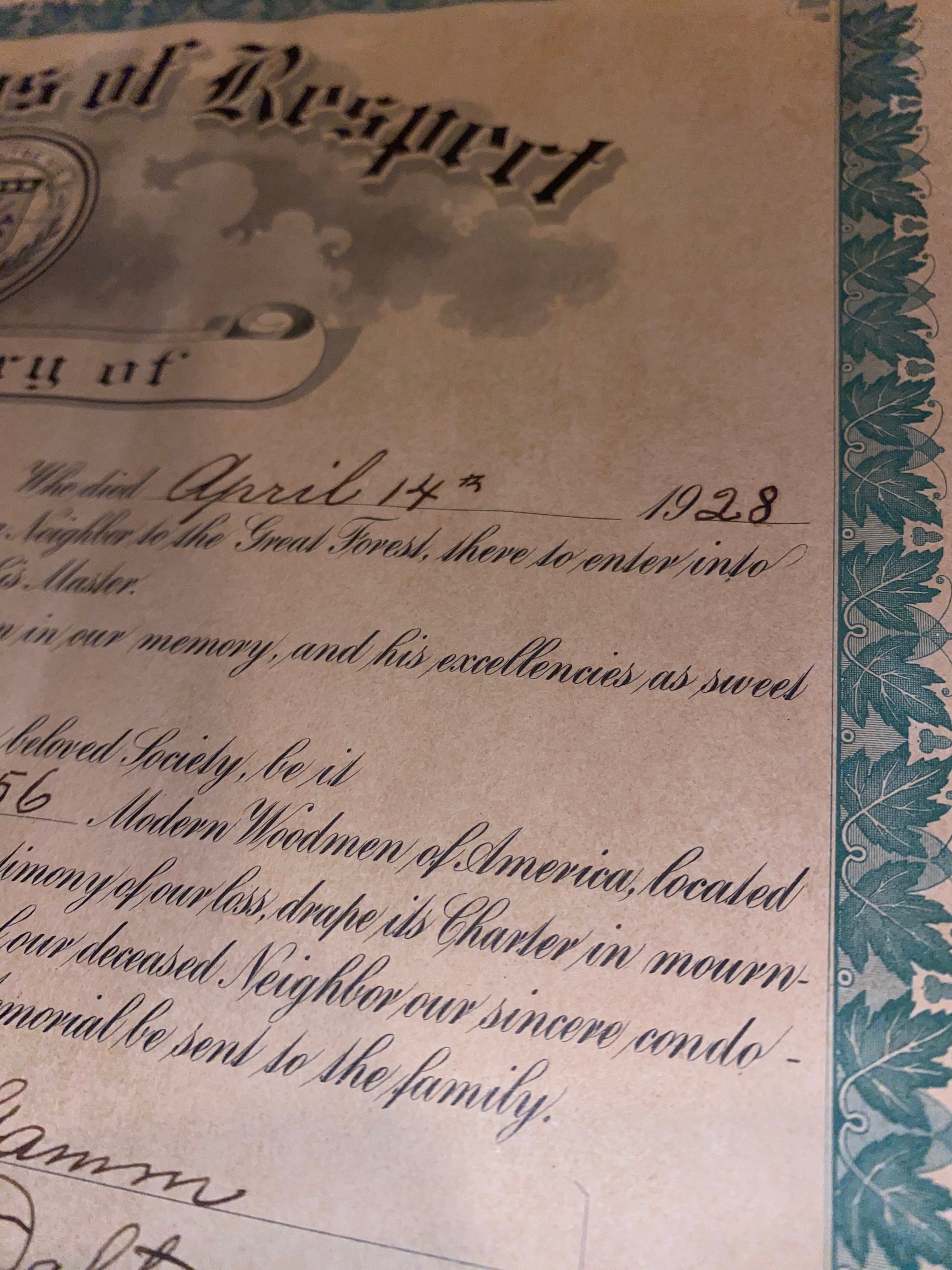 Antique 1928 Resolution of Respect From the Modern Woodmen of America ...