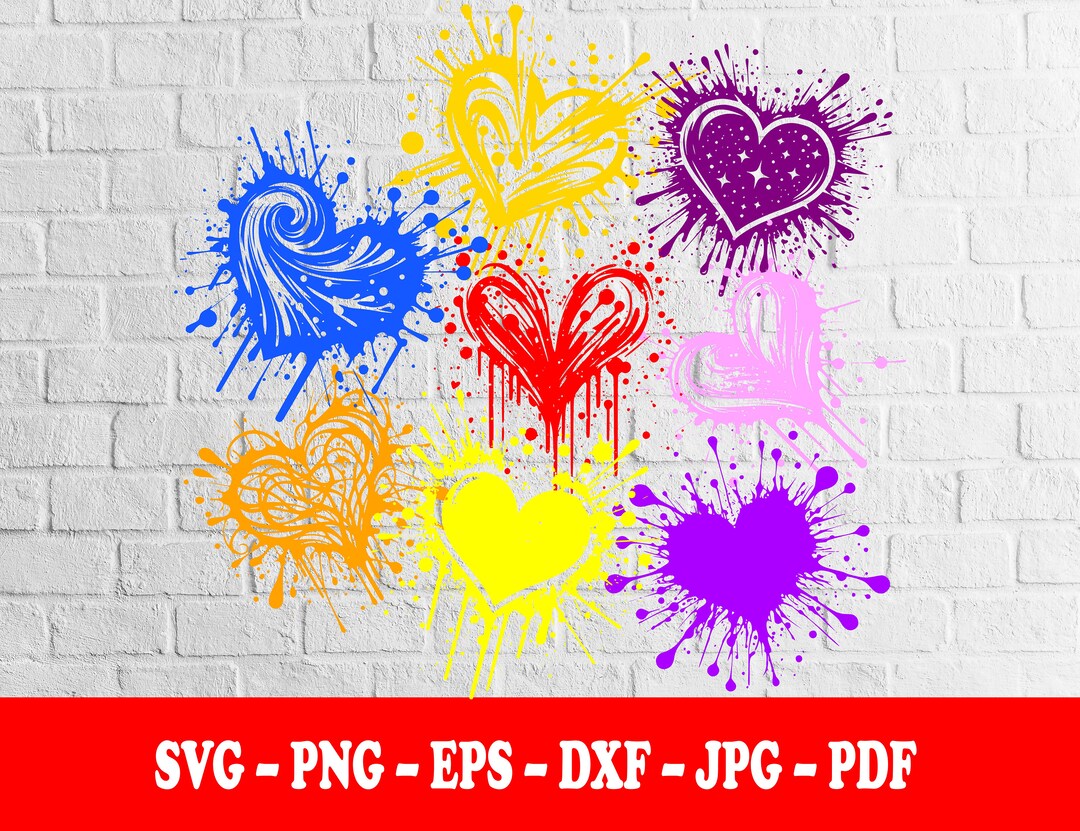 HEART SHAPED PAINT Splatter, 8 Pack, Svg, T-shirt Design, Sticker, Mug ...