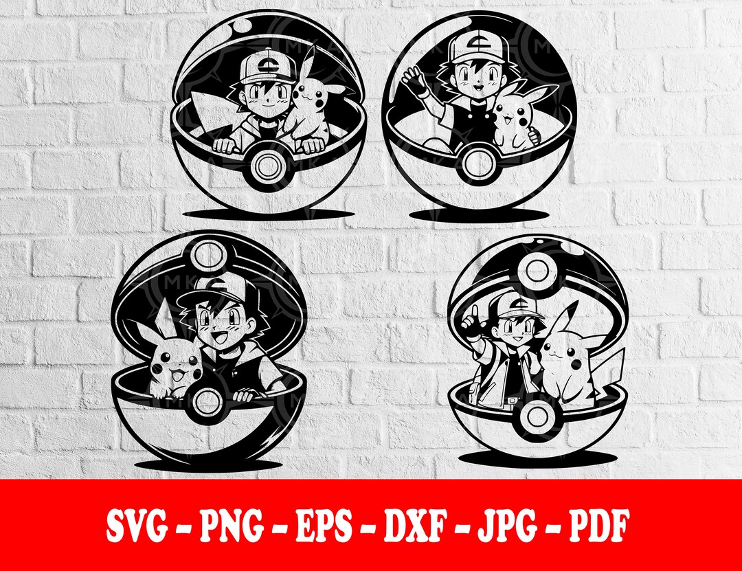 ASH and PIKACHU in POKEBALL, 4 Pack, Svg, T-shirt, Sticker, Mug Wrap ...