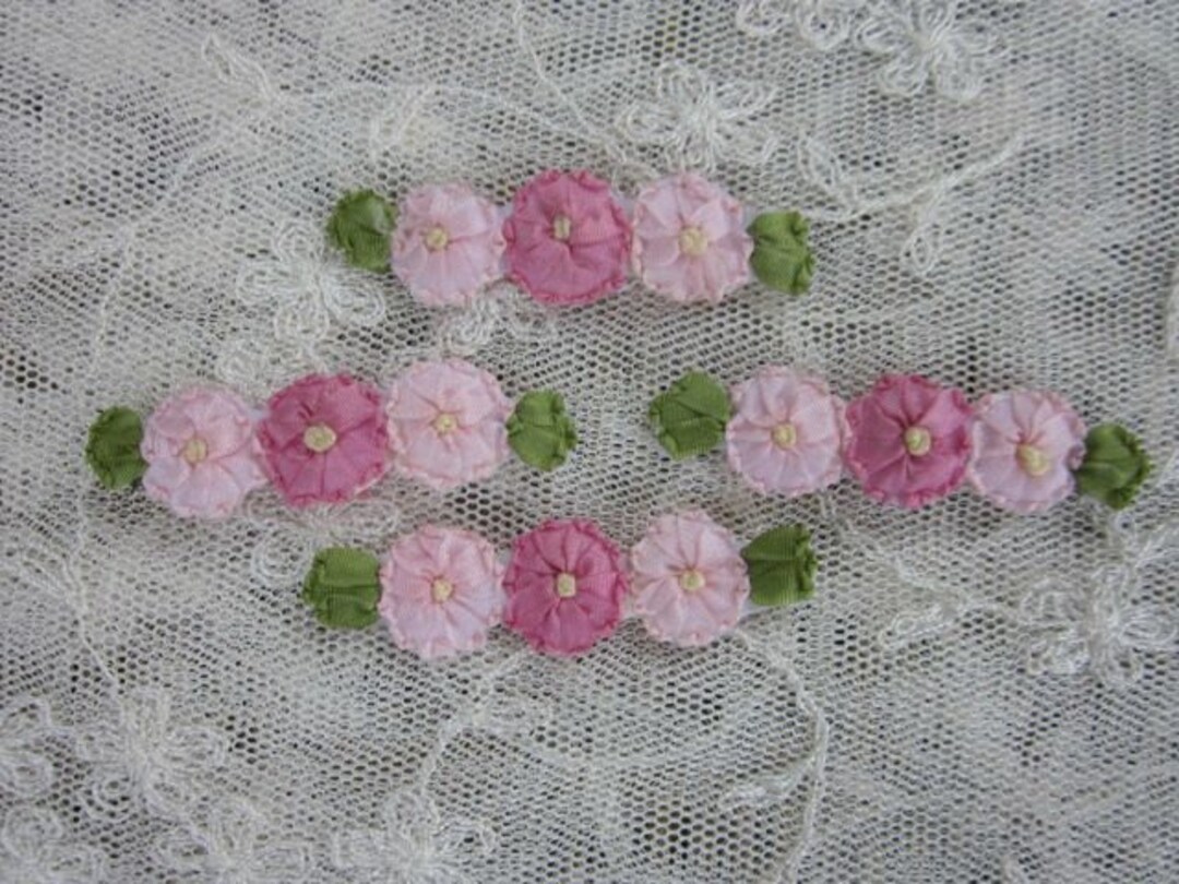 4 LT PINK Colonial Rose VINTAGE Flower Applique Hand Embroidered Ribbon ...