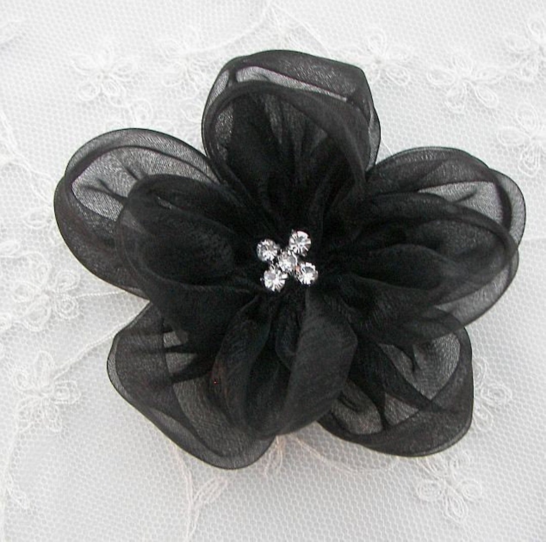 BLACK Organza Ribbon Rose Fabric Flower Applique Rhinestone Bead Garden ...