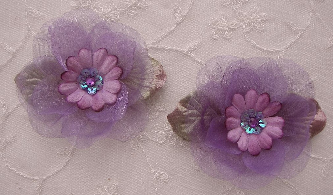 2p Purple Velvet Daisy Flower Applique Organza Ribbon Fabric Sequin ...