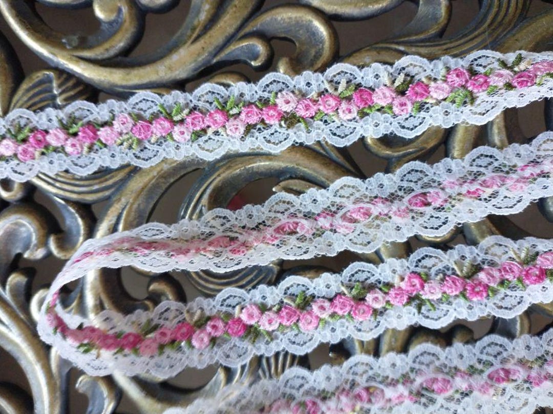 Pink Ivory LACE Embroidered Rose Flower Ribbon Trim Scrapbook Junk ...