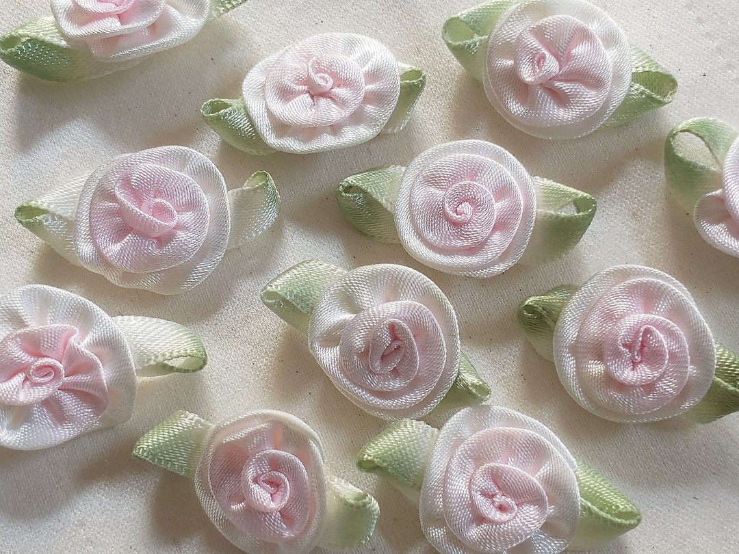 12 Pc Pink White Satin Fabric Ribbon Rose Flower Ombre Applique Baby ...