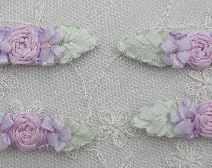 4p VINTAGE Lavender Rose Daisy Flower Applique Ribbon Embroidered Baby ...