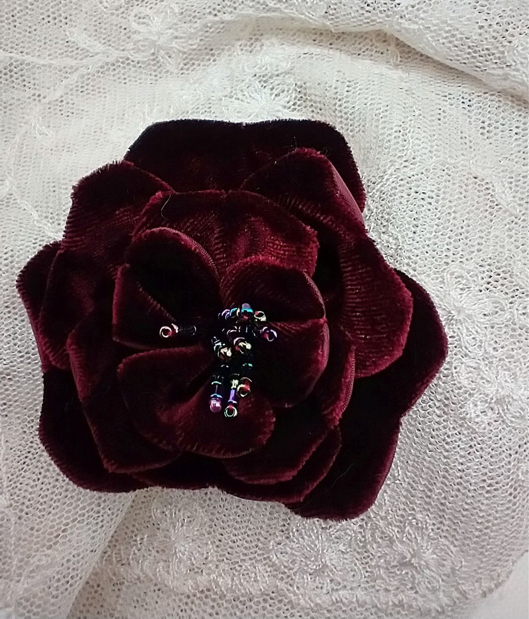 Burgundy Velvet Ribbon Rose Fabric Flower Applique Beaded Garden Hat ...