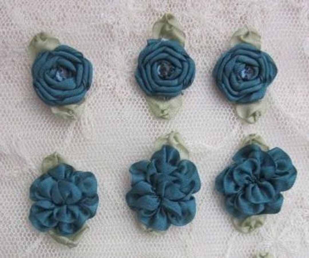 6 Pc Applique Teal Ribbon Rosette Spider Rose Flower W Stone HANDMADE ...